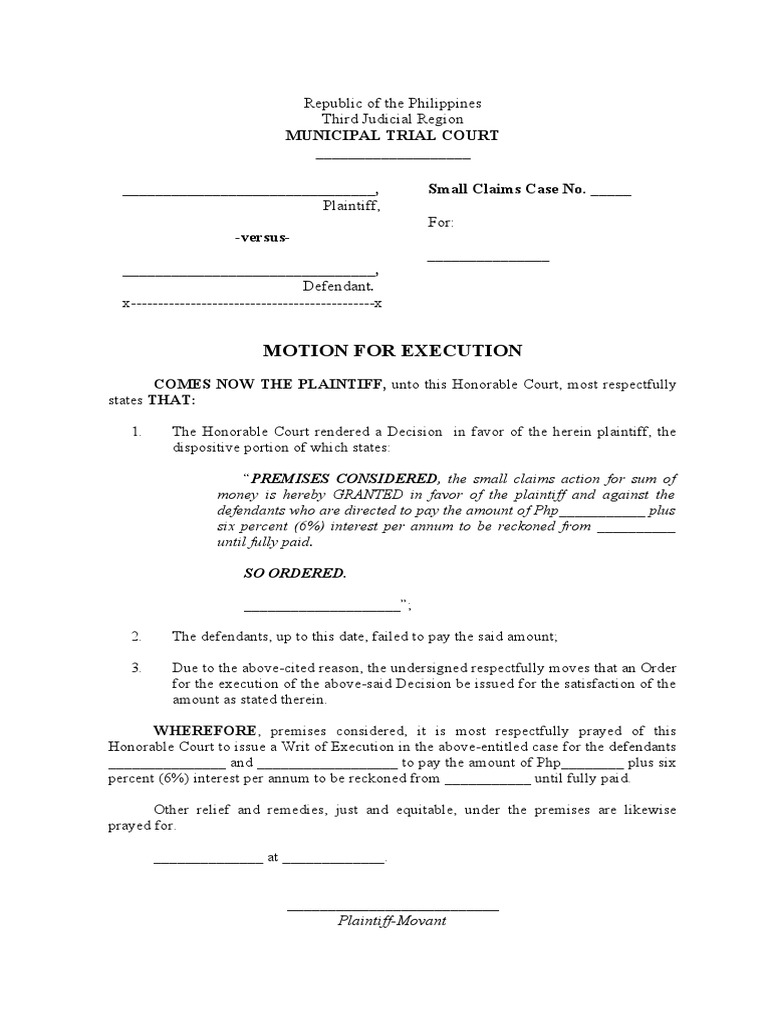 Motion For Execution (Small Claims) | PDF | Government | Legal Procedure