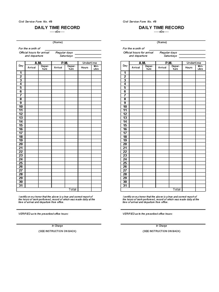 Csc Form 48 Daily Time Record Dtr Pdf