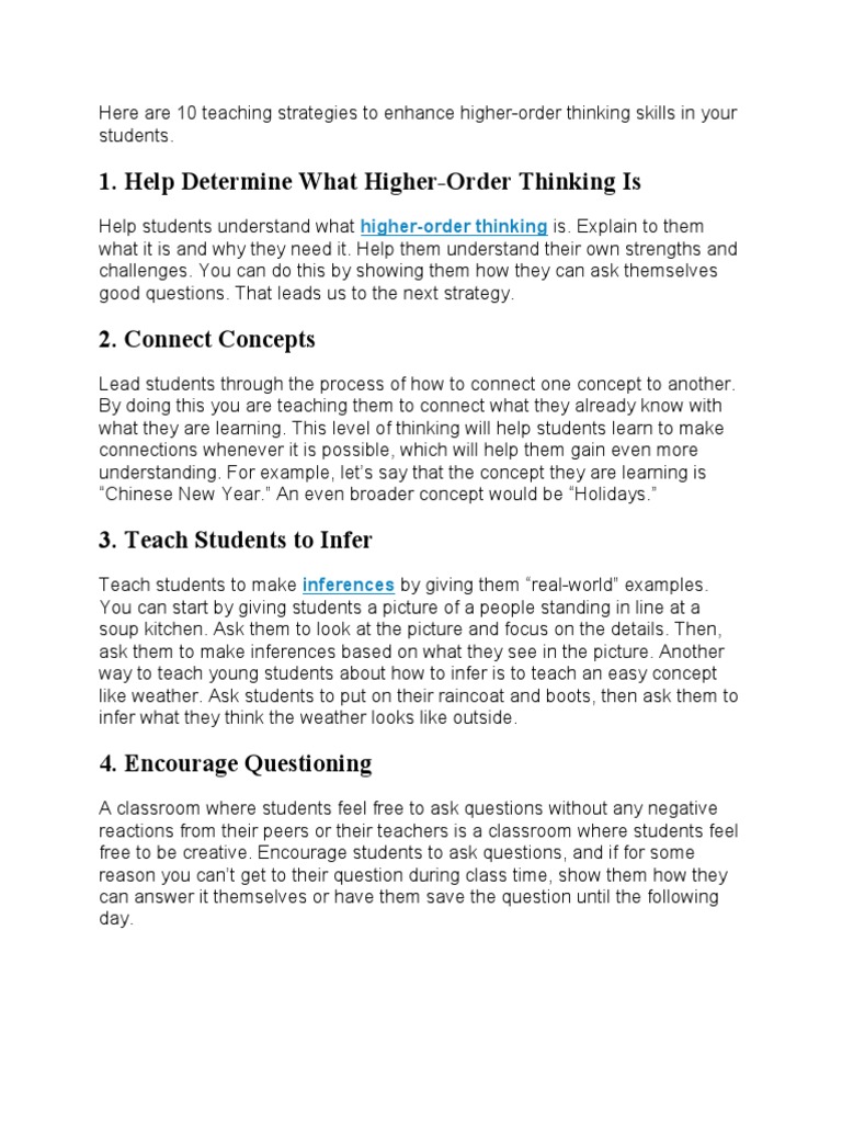 10 Teaching Strategies To Enhance Higher | PDF | Thought | Creativity