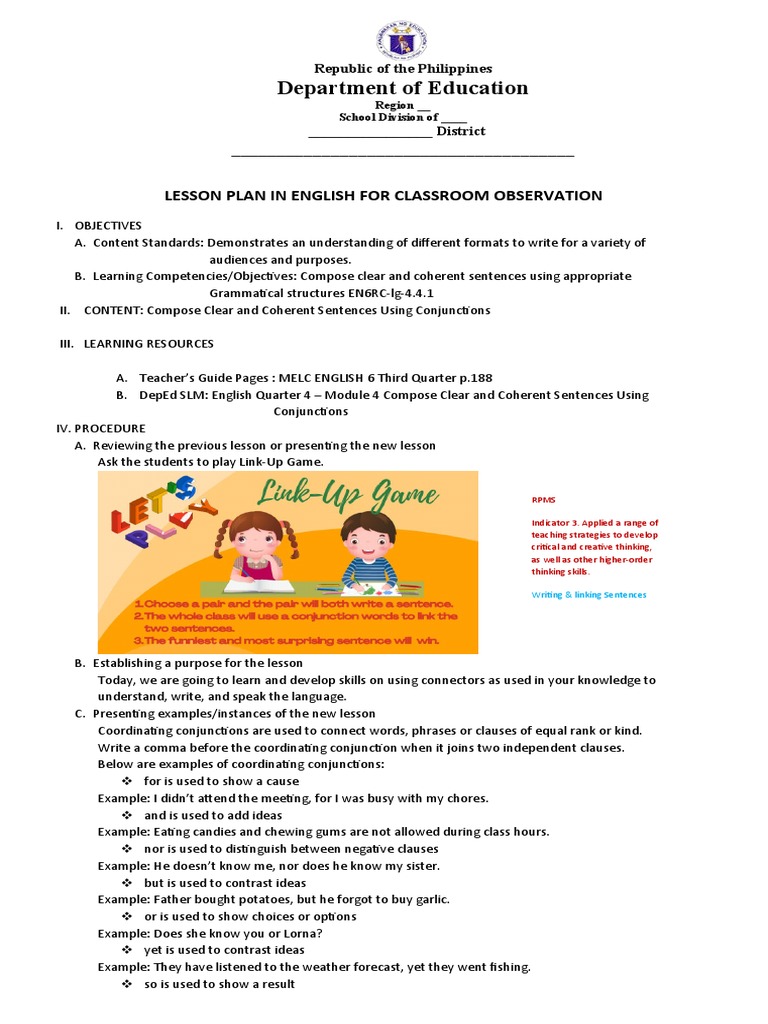 Lesson Plan in English For Classroom Observation | PDF | English Language | Linguistics