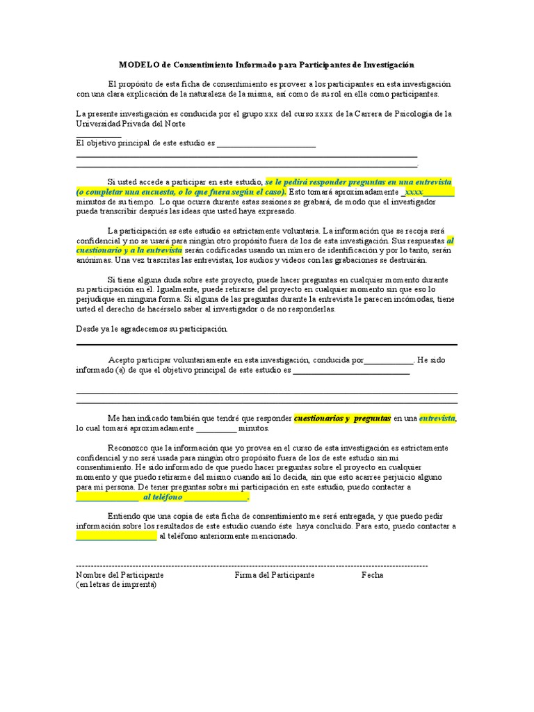 MODELO Consentimiento Informado UPN | PDF | Cuestionario