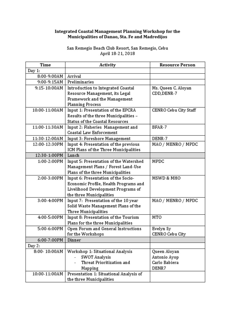 Proposed ICM Planning Workshop Program | PDF | Economies | Natural ...