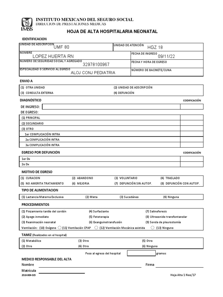 Alta Hospitalaria Neonatal | PDF | Cuidado de la salud | Medicina
