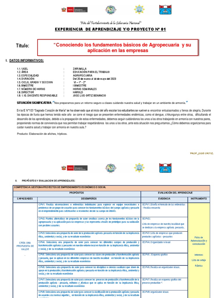 Unidad o Experiencia de Aprendizaje 1 Ept 2023 | PDF | Iniciativa empresarial | Aprendizaje