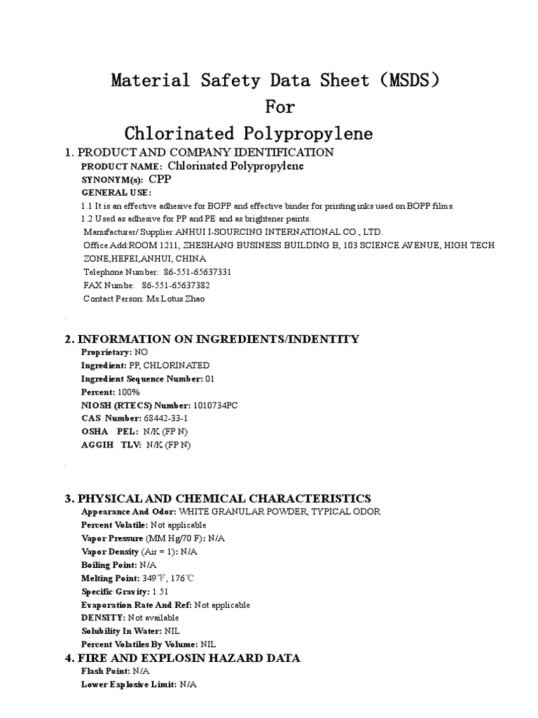 Chlorinated Polypropylene MSDS | PDF | Dangerous Goods | Hazards