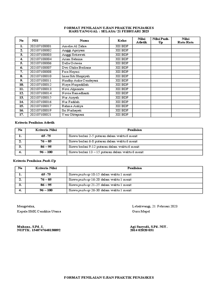 Format Penilaian Ujian Praktek Penjaskes | PDF