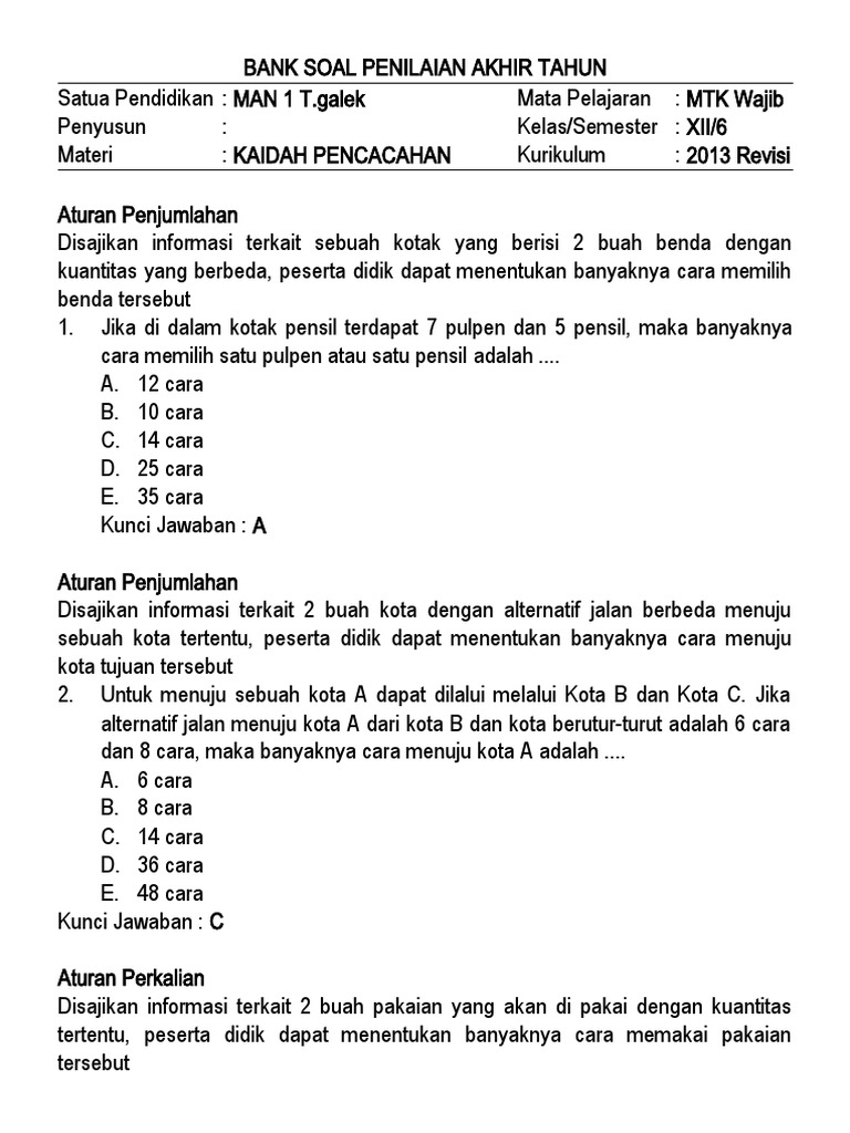 MTKW 12 - Bank Soal Kaidah Pencacahan | PDF
