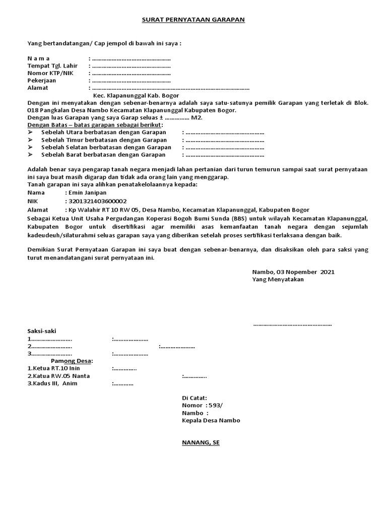 Blangko Surat Pernyataan Garapan | PDF