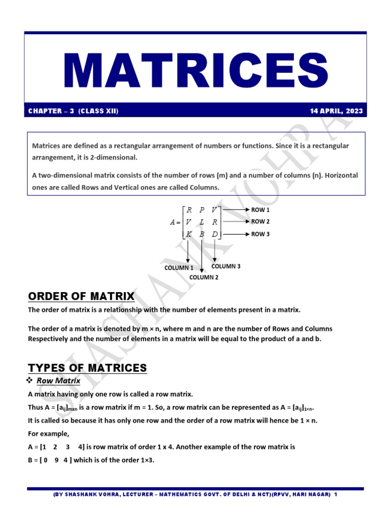 Class 12 Matrices Assignment 2023 Pdf Matrix Mathematics