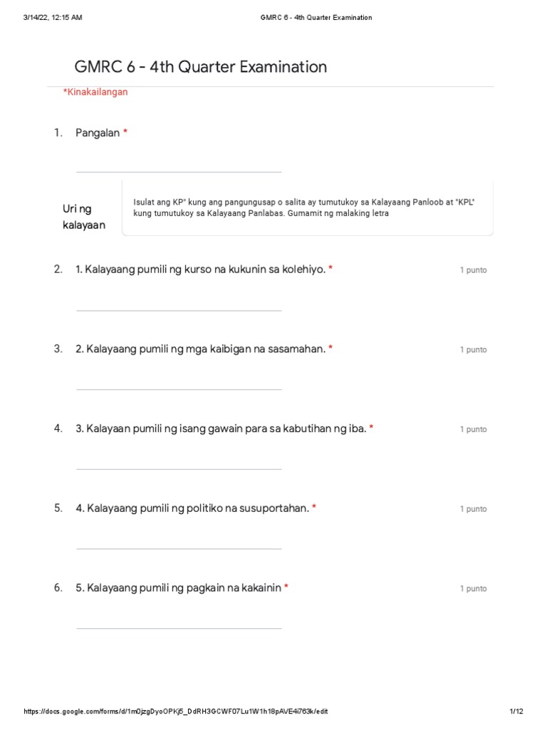 GMRC 6 - 4th Quarter Examination | PDF