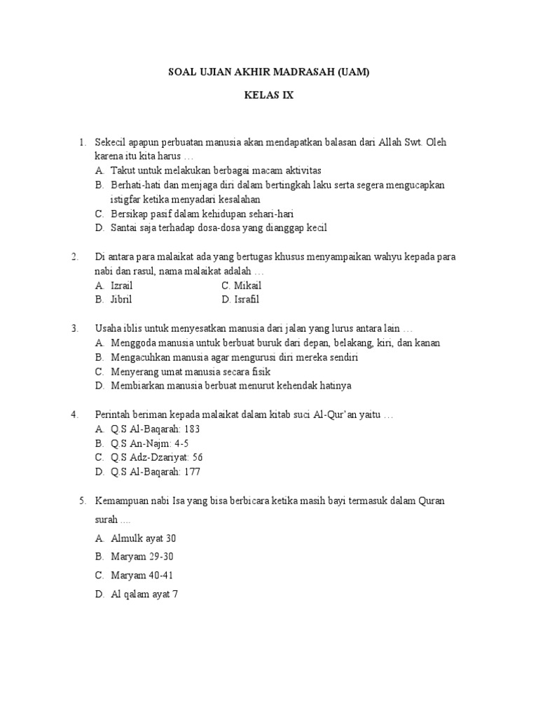 Soal Ujian Akhir Madrasah 1 | PDF