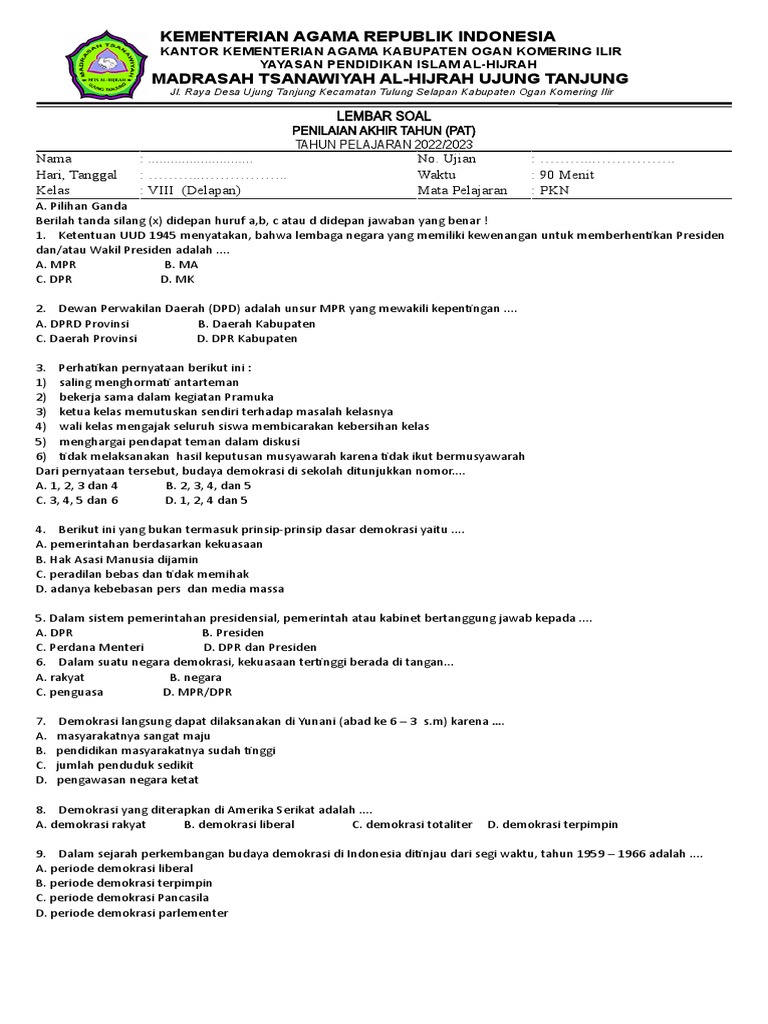 Soal PAT PKN Kelas VIII | PDF
