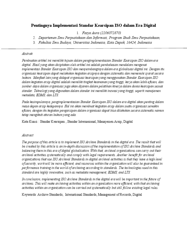 Artikel Pentingnya Implementasi Standar Kearsipan ISO Dalam Era Digital - Fasya Aura | PDF ...