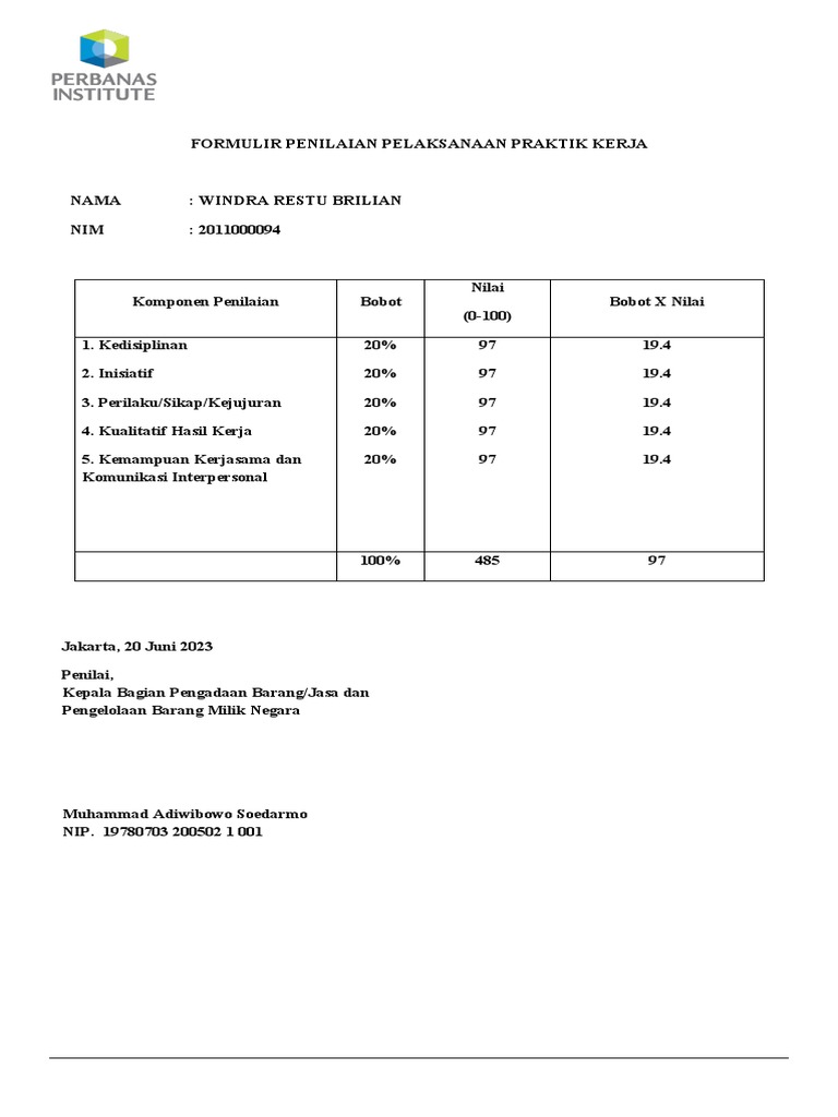 FORMULIR PENILAIAN PRAKTIK KERJA | PDF