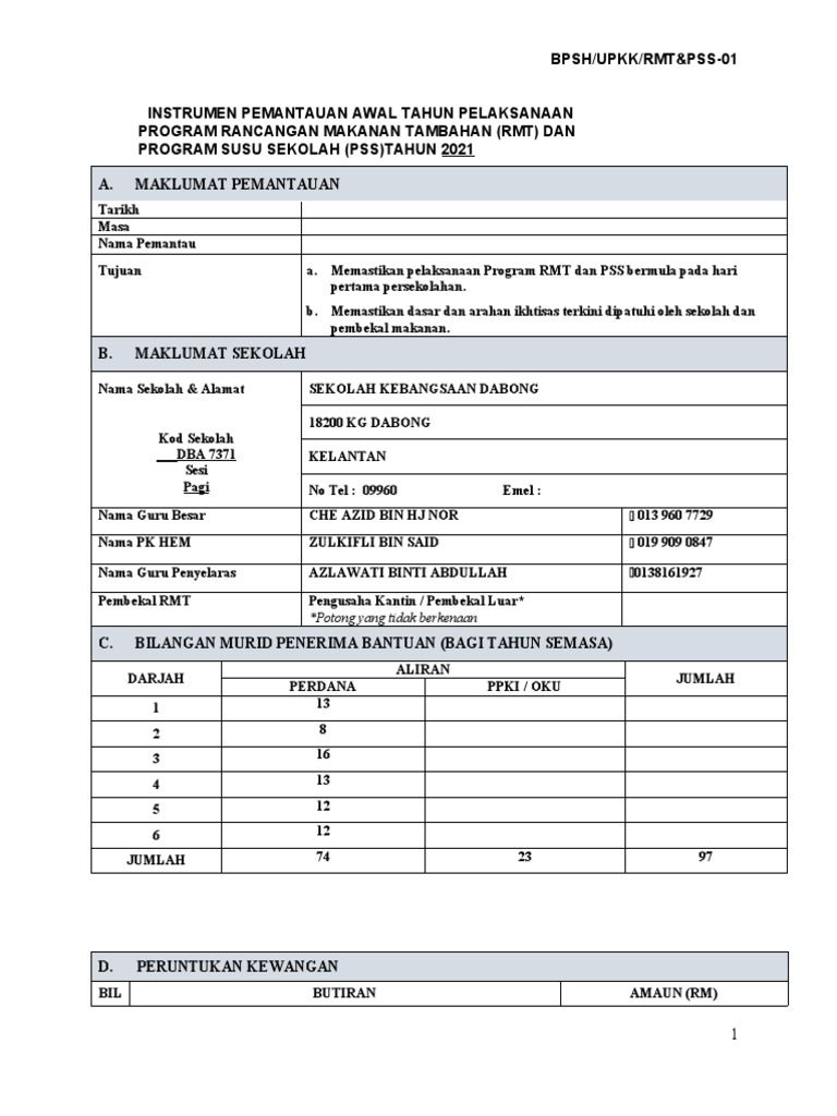 Borang Pemantauan Awal Tahun RMTS (1) | PDF