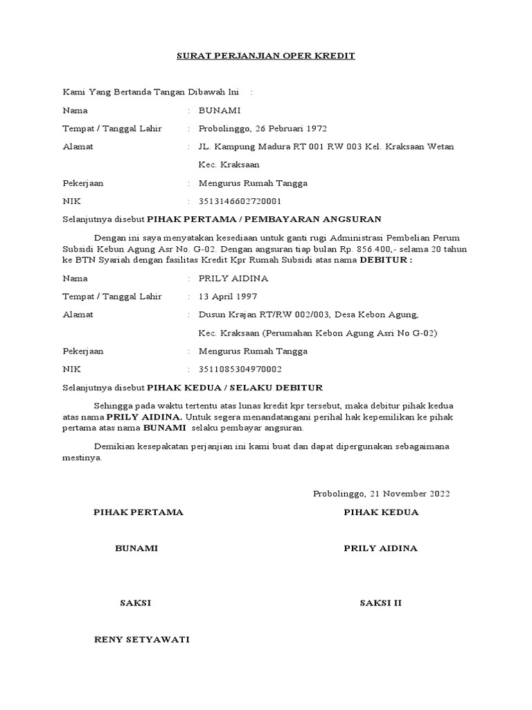 Surat Perjanjian Oper Kredit Bu Reny | PDF
