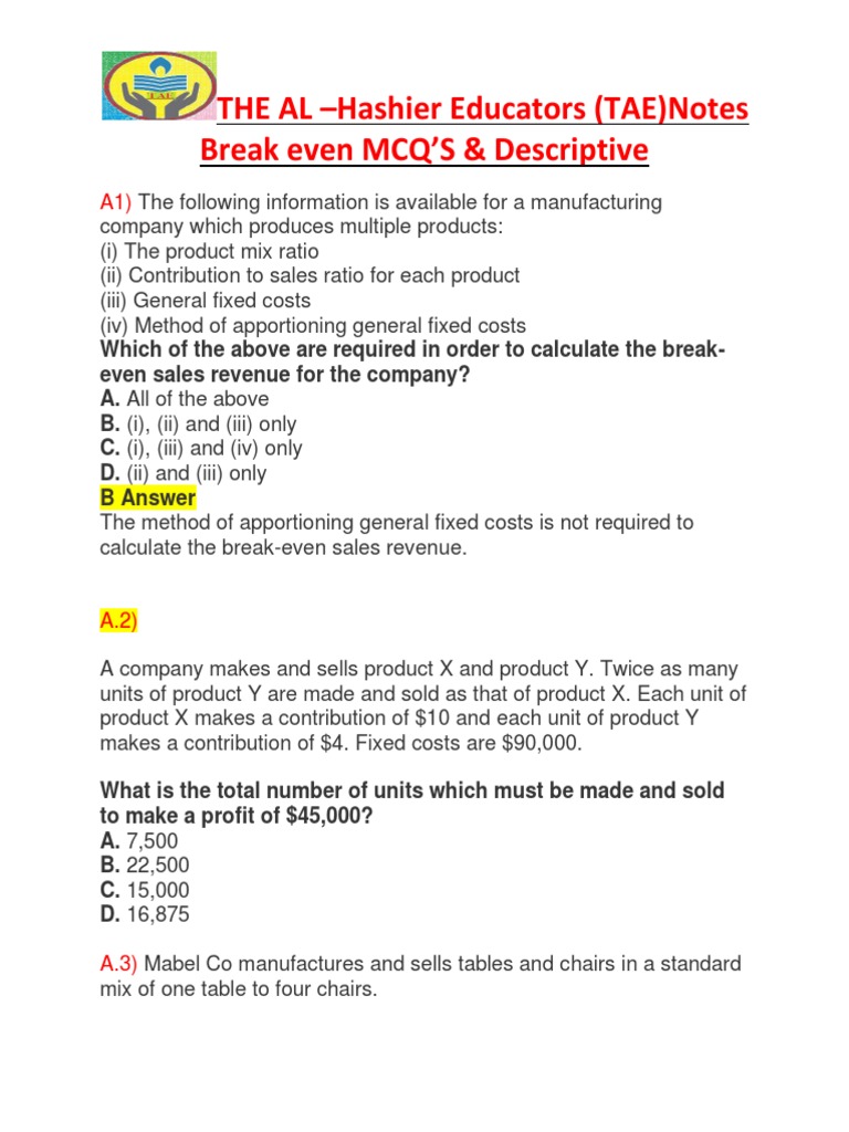 Break Even MCQ s PDF Marketing Financial Markets