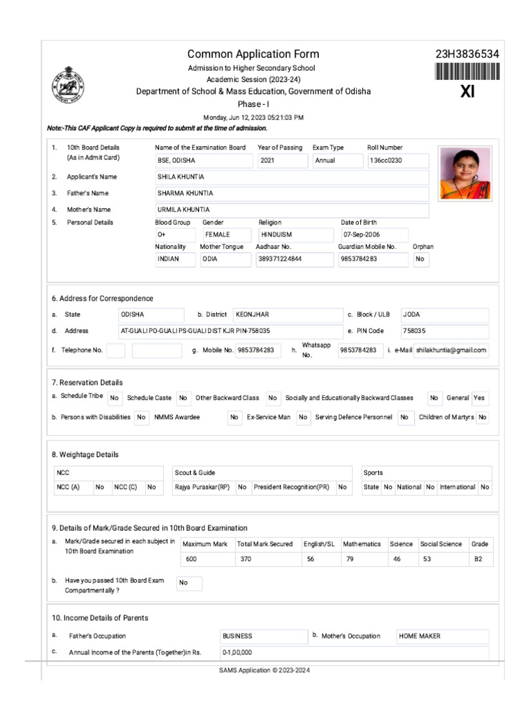 Odisha Higher Secondary Admission Form | PDF