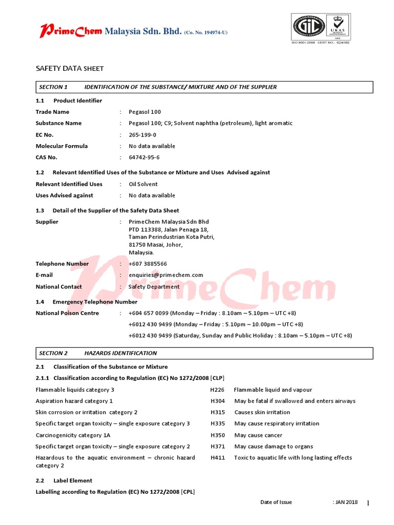 Pegasol 100 SDS - (SK) (PCM) - Jan2018 | PDF | Waste | Personal ...