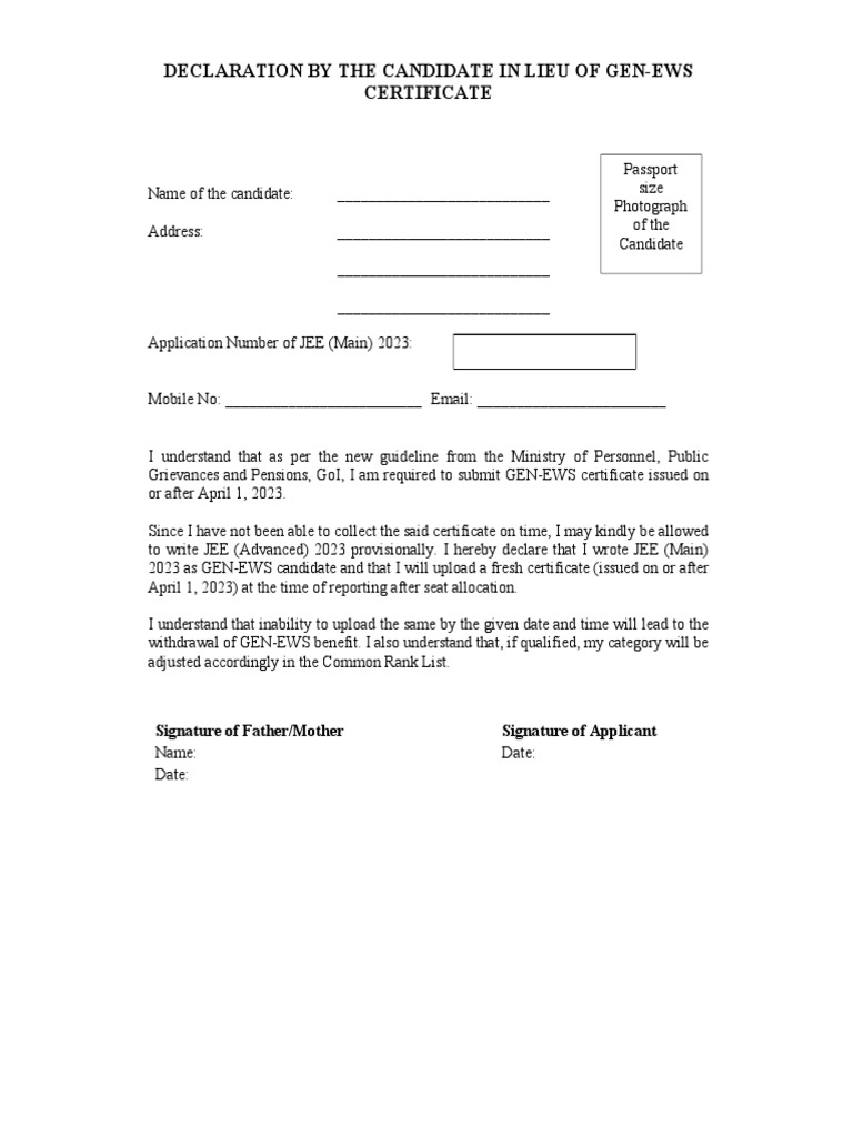 Declaration by The Candidate in Lieu of Gen-Ews Certificate | PDF ...