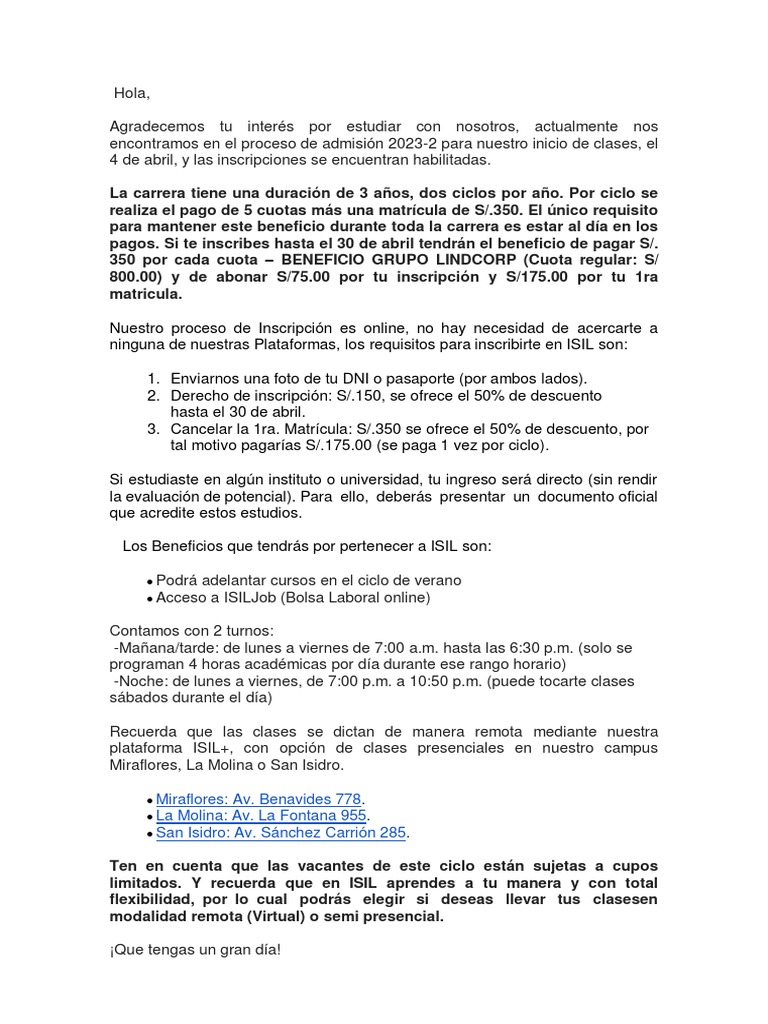 CICLO 2023 - ISIL (Beneficio Grupo Lindcorp) | PDF