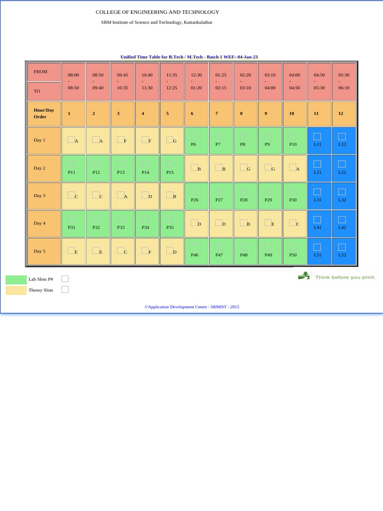 SRM Unified Timetable for B.Tech/M.Tech | PDF