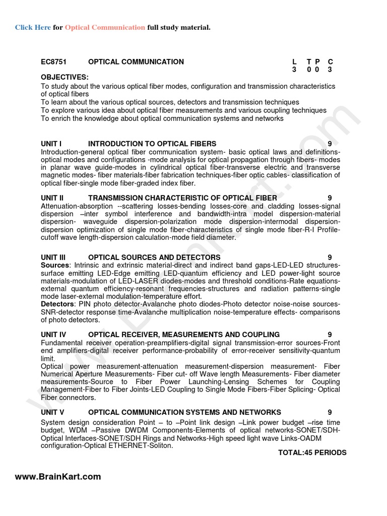 EC8751 Optical Communication Syllabus | PDF | Optical Fiber | Fiber ...
