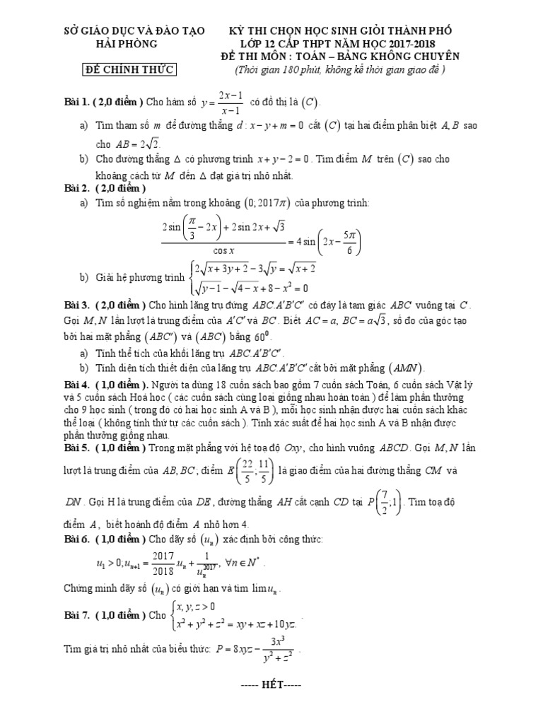 De Thi Chon HSG Thanh Pho Toan 12 Nam Hoc 2017 2018 So GD Va DT Hai Phong Khong Chuyen | PDF