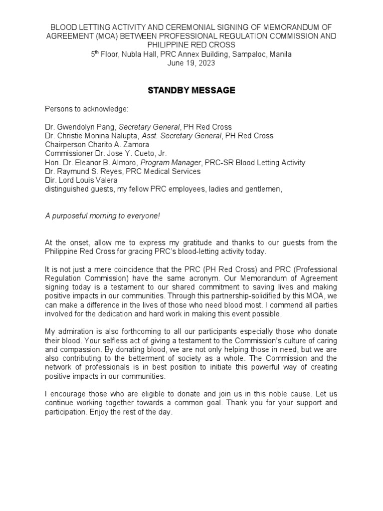 STANDBY MESSAGE-BLOOD LETTING and MOA SIGNING with PRC | PDF