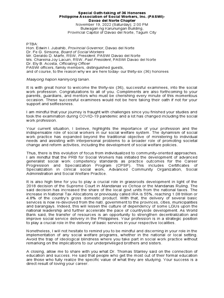 Message-PASWI Tagum, Oath-Taking | PDF | Social Work