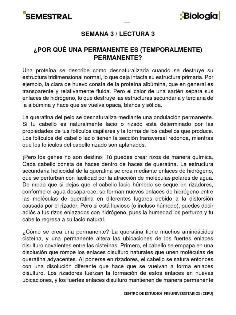 2 Biología Lectura Semana3 | PDF | Desnaturalización (bioquímica) | Pelo