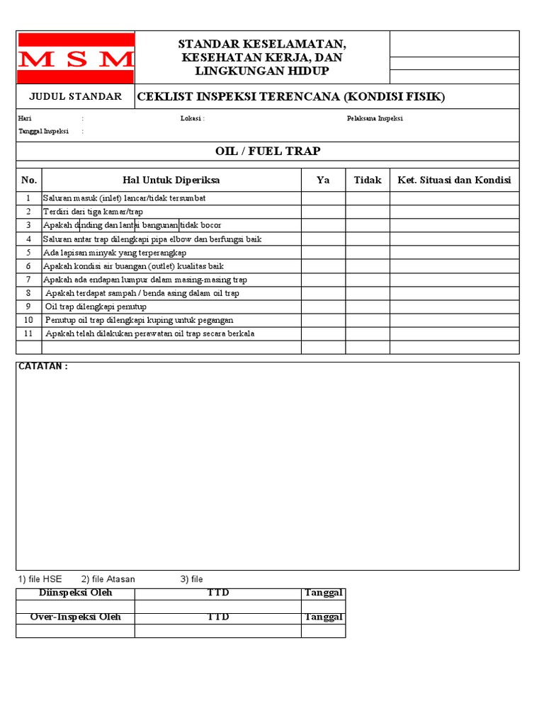 FRM-17-HSE-010 - Form Check List Inspeksi Oil Trap | PDF