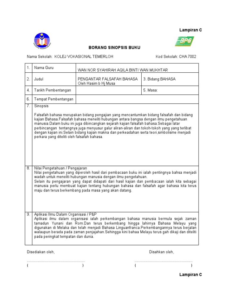 Sinopsis Buku Wan Nor Syahirah 2021 | PDF