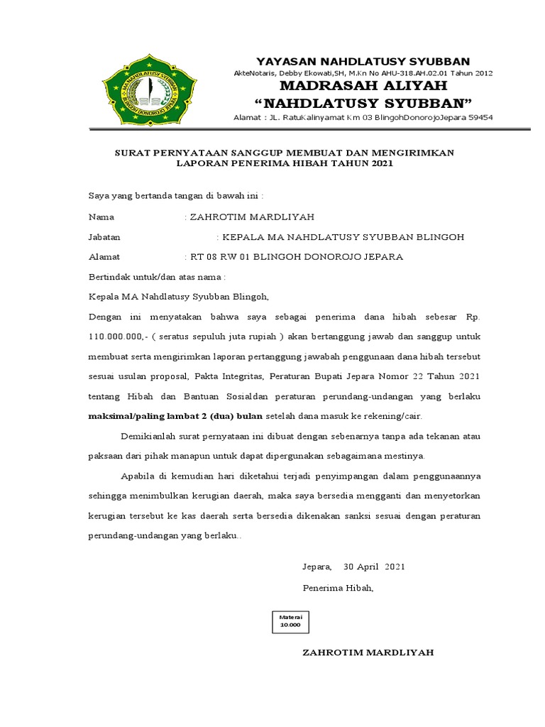 Pernyataan Sanggup Membuat SPJ Hibah | PDF