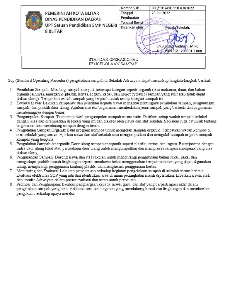 Sop Pengelolaan Sampah | PDF