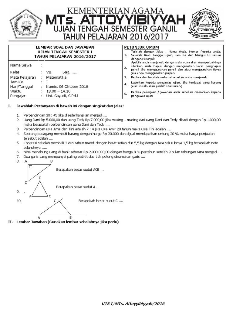 10 Naskah Soal Uts I 2016-2017 - MTK 7 - Sayudi | PDF