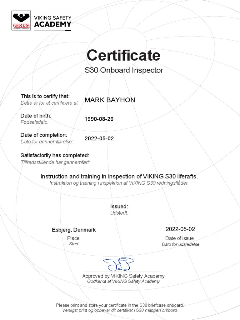 Certificate: S30 Onboard Inspector | PDF