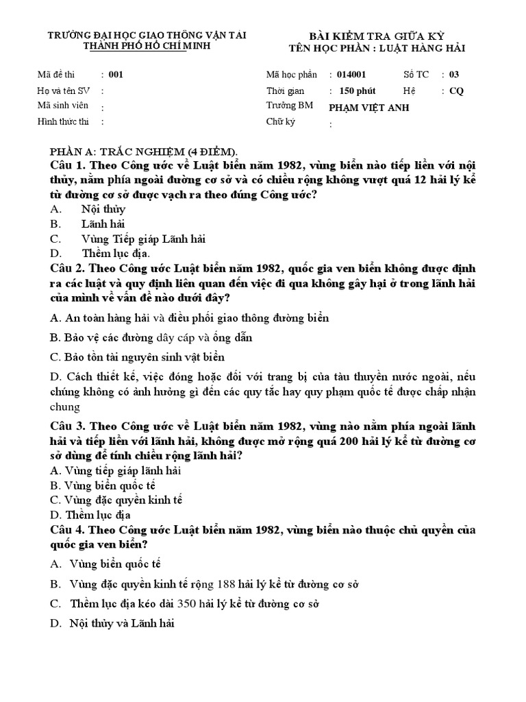 Đề Ktra Giữa Kỳ Luật Hàng Hải Việt Nam (11052023) | PDF