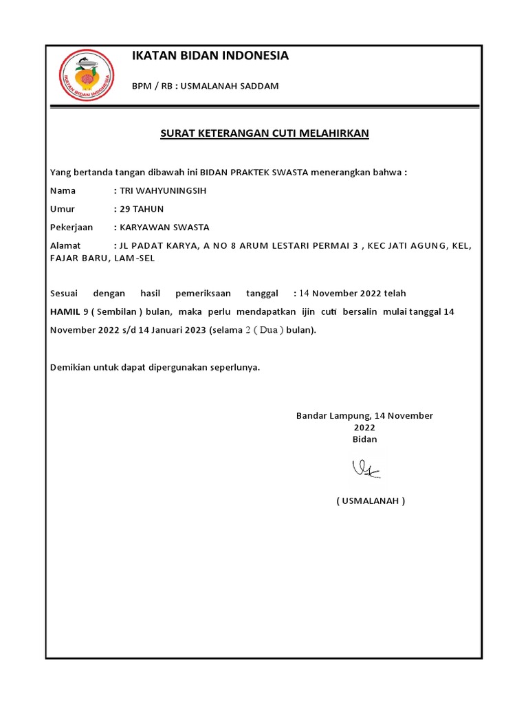 Surat Keterangan Cuti Melahirkan | PDF