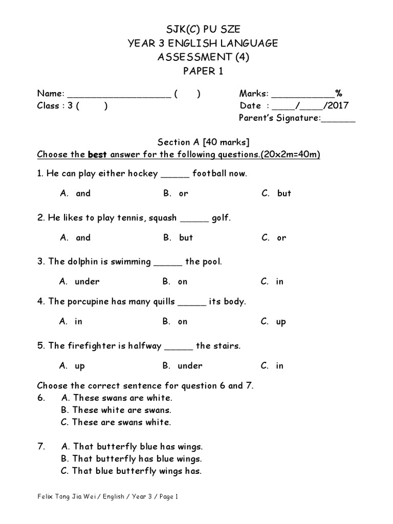 SJK (C) Pu Sze Year 3 English Language Assessment (4) Paper 1 | PDF