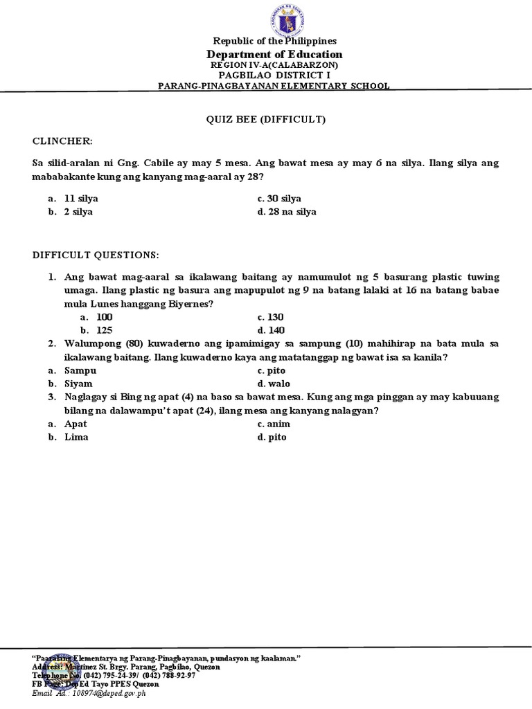 Quiz Bee Math 2022-2023 Difficult | PDF