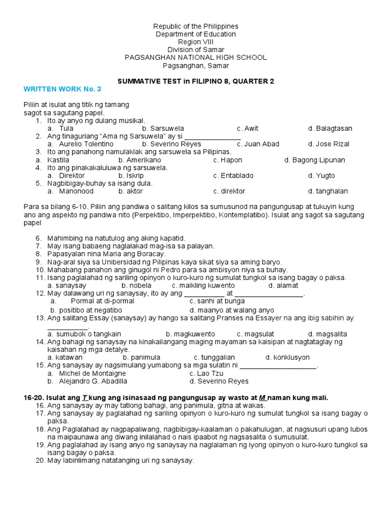 Written Work No. 1 and 2 Summative Test Filipino 8 Quarter 2 | PDF