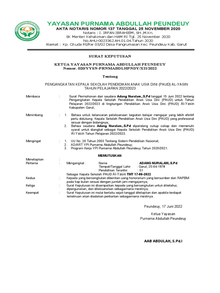 SK Pengangkatan Kepala Sekolah PAUD | PDF