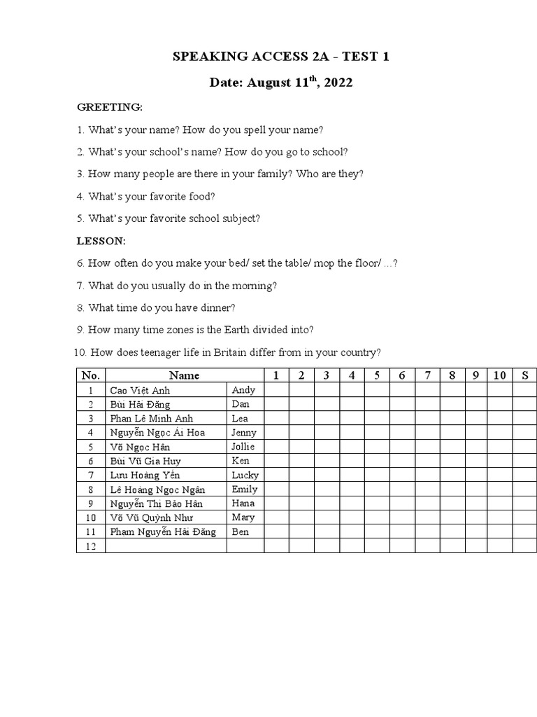 Speaking Access 2A - Test 1 | PDF