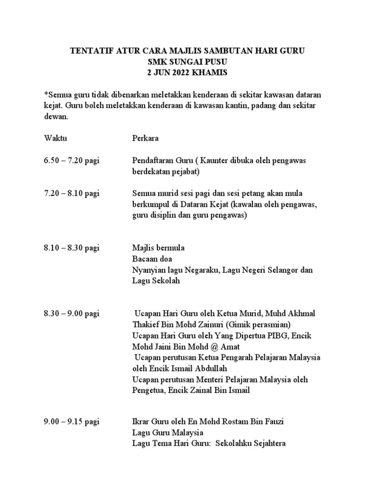 TENTATIF ATUR CARA MAJLIS SAMBUTAN HARI GURU | PDF