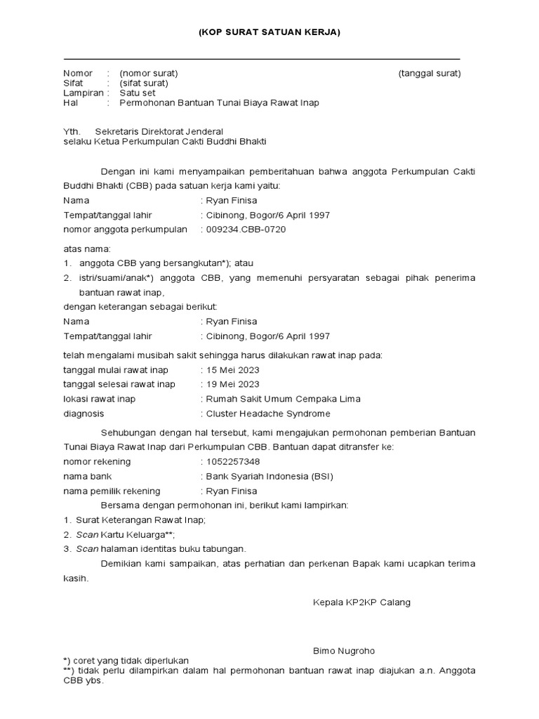 Contoh Surat Permohonan Bantuan Biaya Rawat Inap (Update Juli 2022) | PDF