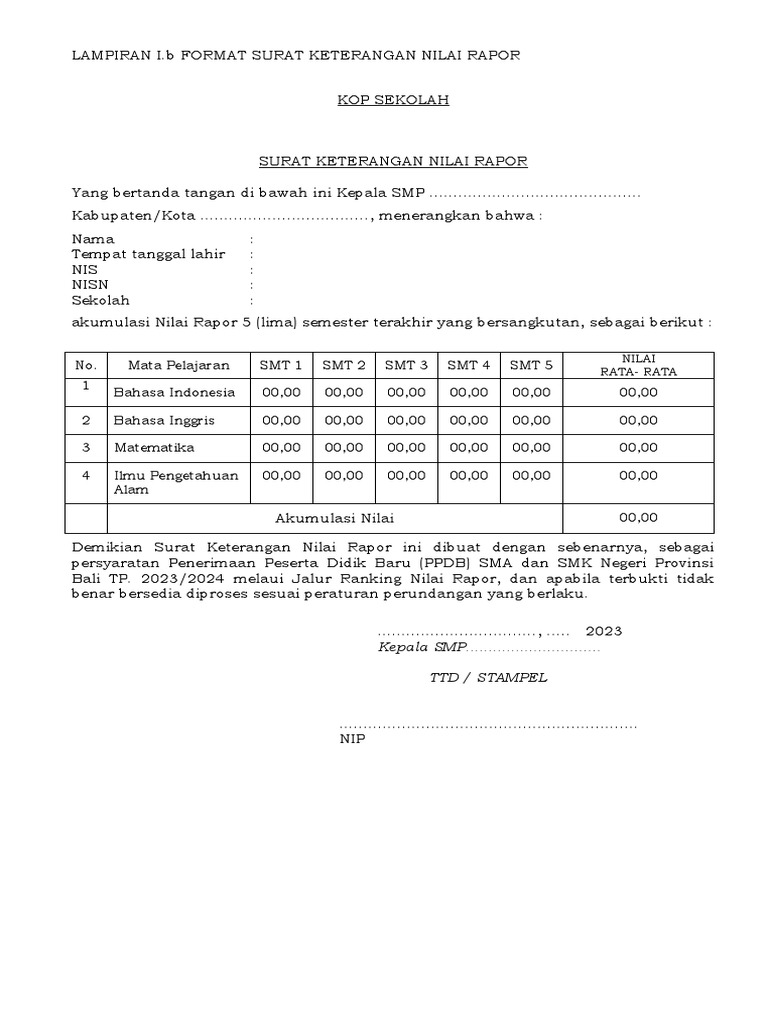 Surat Keterangan Nilai Rapor | PDF