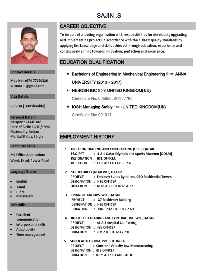 Sajin Hseo CV | PDF | Occupational Safety And Health | Safety