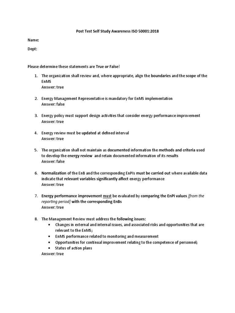 Post Test Self Study Awareness ISO 50001 | PDF