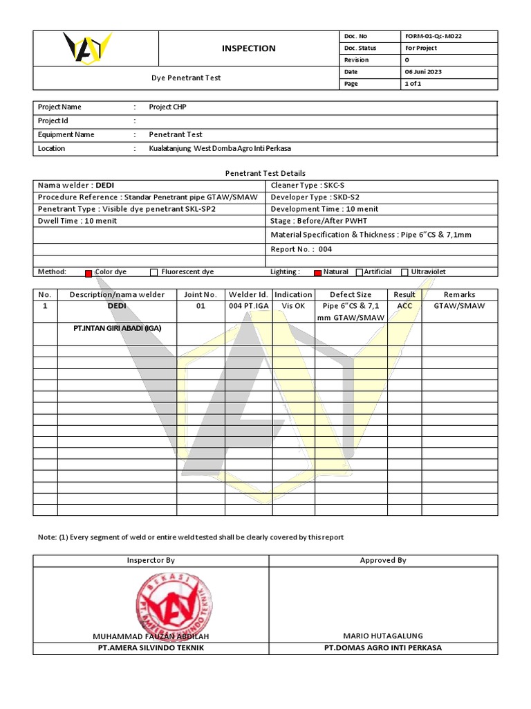 M020 - Dye Penetrant Test Report Dedi 04 | PDF